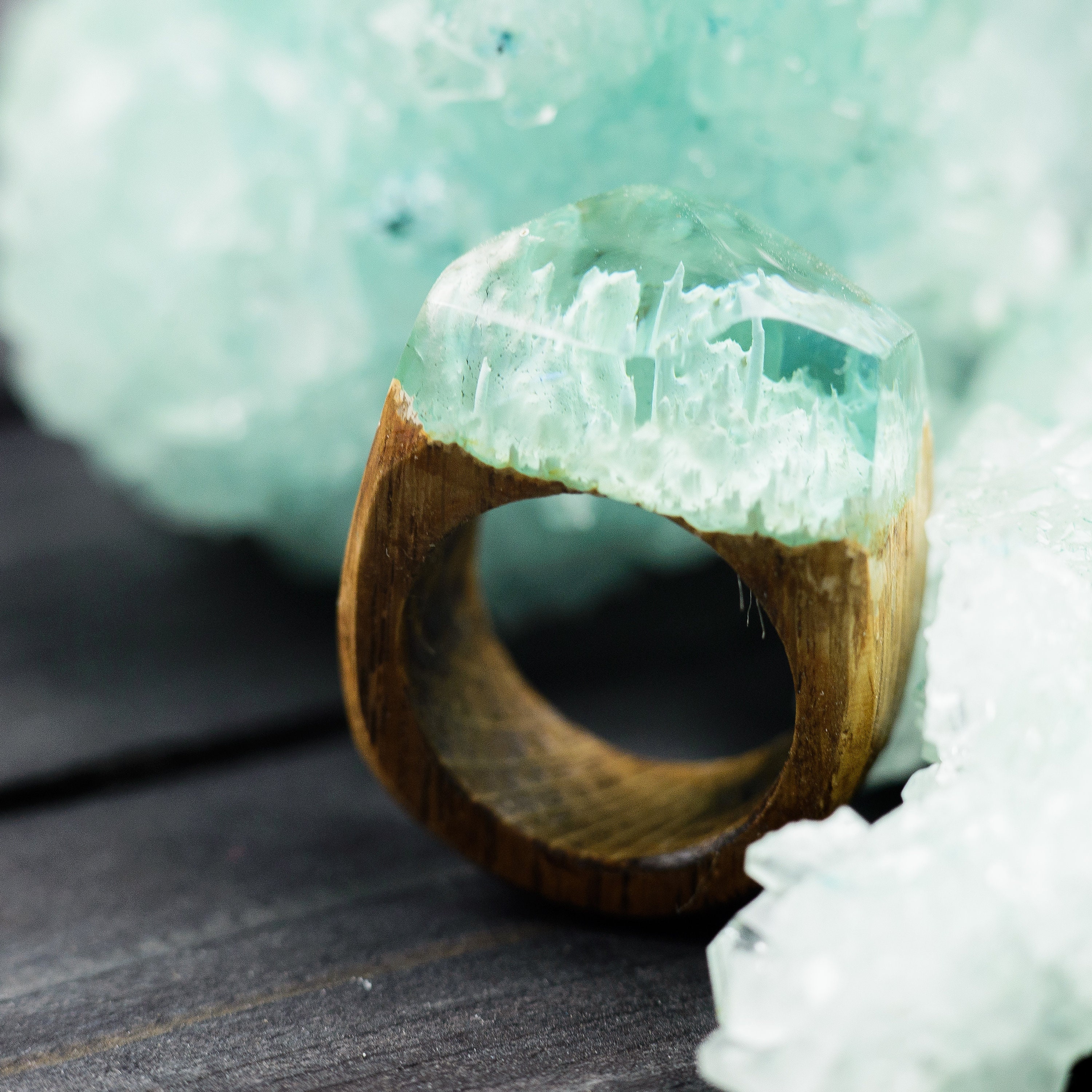 Oak wooden resin ring for men and women Clear Resin Green | Etsy
