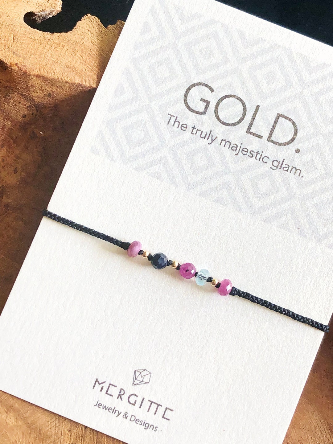 14k Gold String Bracelet With Gemstones, Braided Bracelet With 14k ...