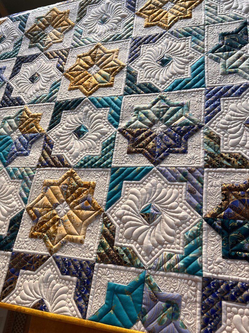 Handmade Moroccan Tiles Art Quilt: Freehand Quilted Wall Hanging (41.5 ...