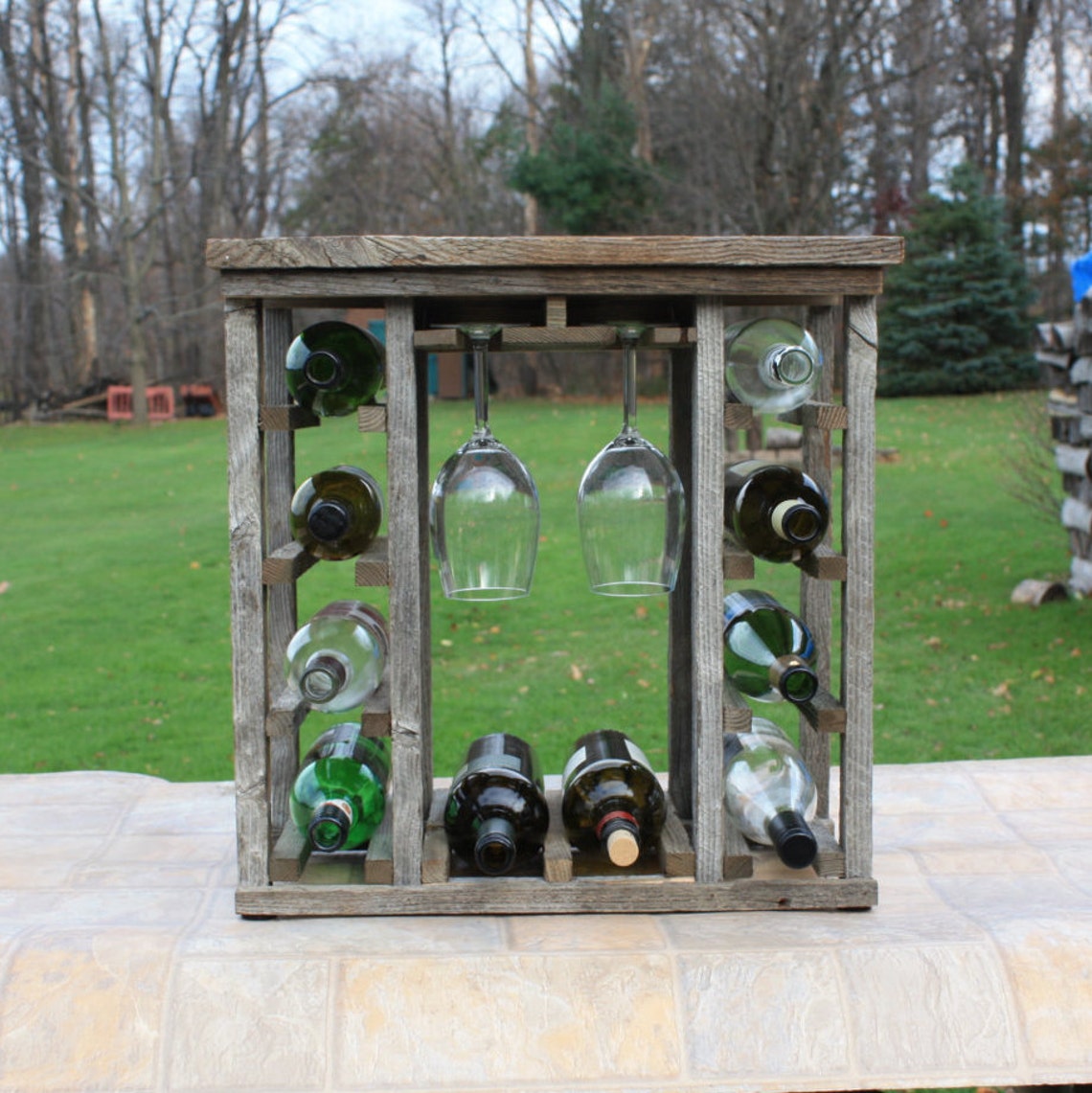 Wine Rack With Glass Rack Made With Rustic Barn Wood - Etsy