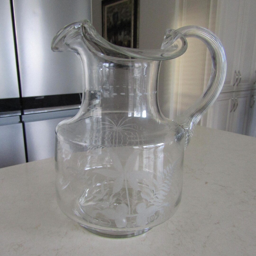 Vintage Etched Glass Pitcher - Etsy