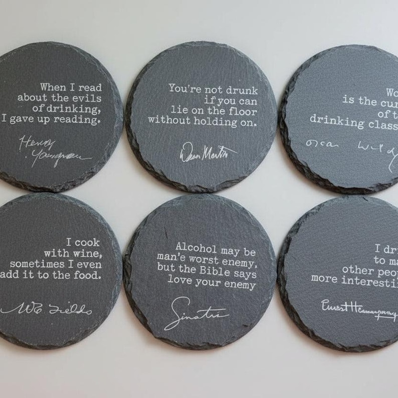 Set of 6 Witty Famous Drinking Quotes - Square Slate Coasters - Frank ...