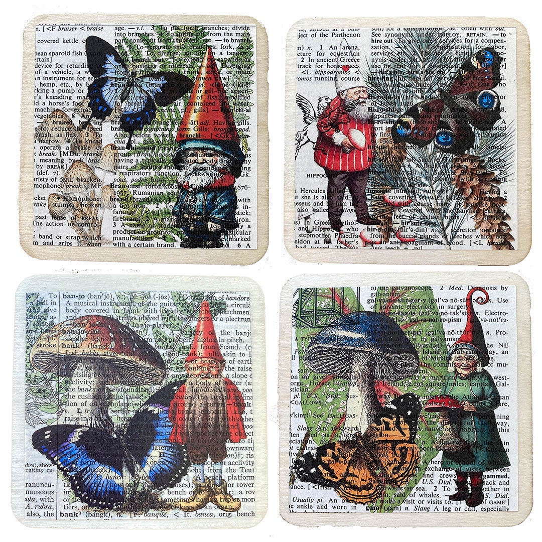 Vintage Illustrations Dictionary Page Natural Wood Coaster Set Woodland ...
