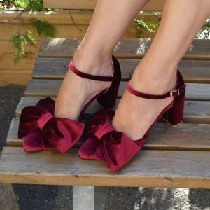 Dark Red Velvet Block Heels, Velvet Bow Heels, Burgundy Velvet Pumps ...