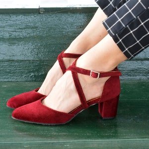 Velvet Block Heels, Burgundy Wedding Shoes, Dark Red Velvet Shoes ...