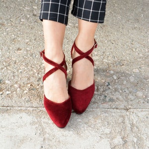 Velvet Block Heels, Burgundy Wedding Shoes, Dark Red Velvet Shoes ...