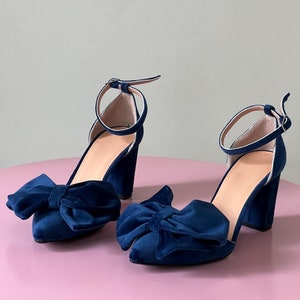 Navy Blue Velvet Bow Heels: Handmade Block Heel Wedding Shoes - Etsy