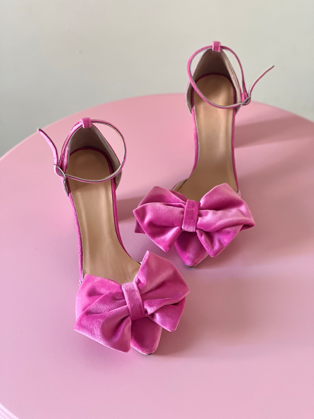 Rose Pink Velvet Bow Heels: Handmade Leather Wedding Pumps - Etsy UK