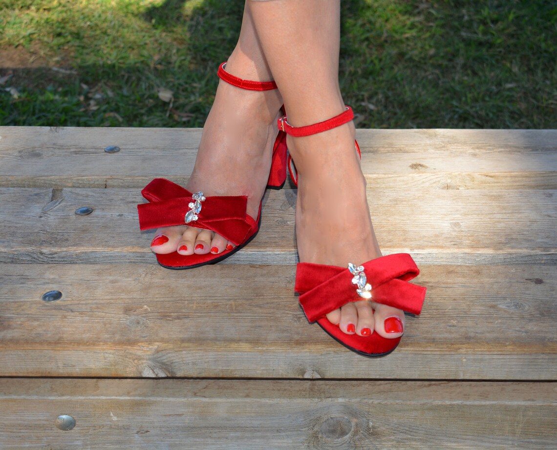 Red Velvet Block Heels Bow Wedding Sandals Red Bridal Shoes - Etsy