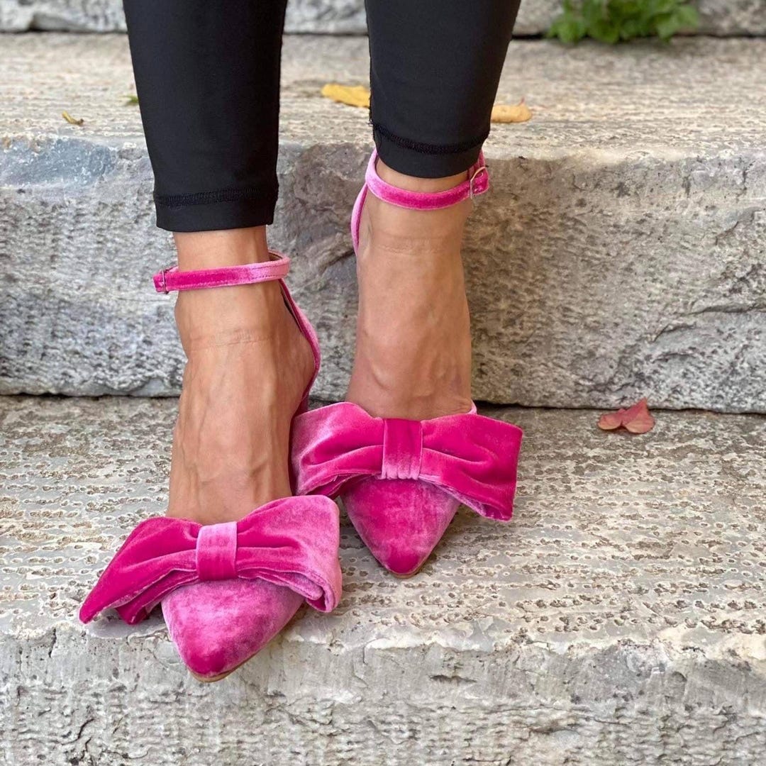 Fuchsia Pink Velvet Block Heels, Velvet Bow Heels, Fuchsia Pumps, Rose ...