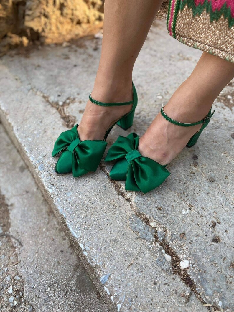 Emerald Green Satin Block Heels Satin Bow Heels Emerald - Etsy