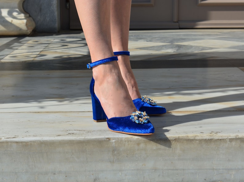 Royal Blue Velvet Block Heels Wedding Heels for Bride Blue - Etsy