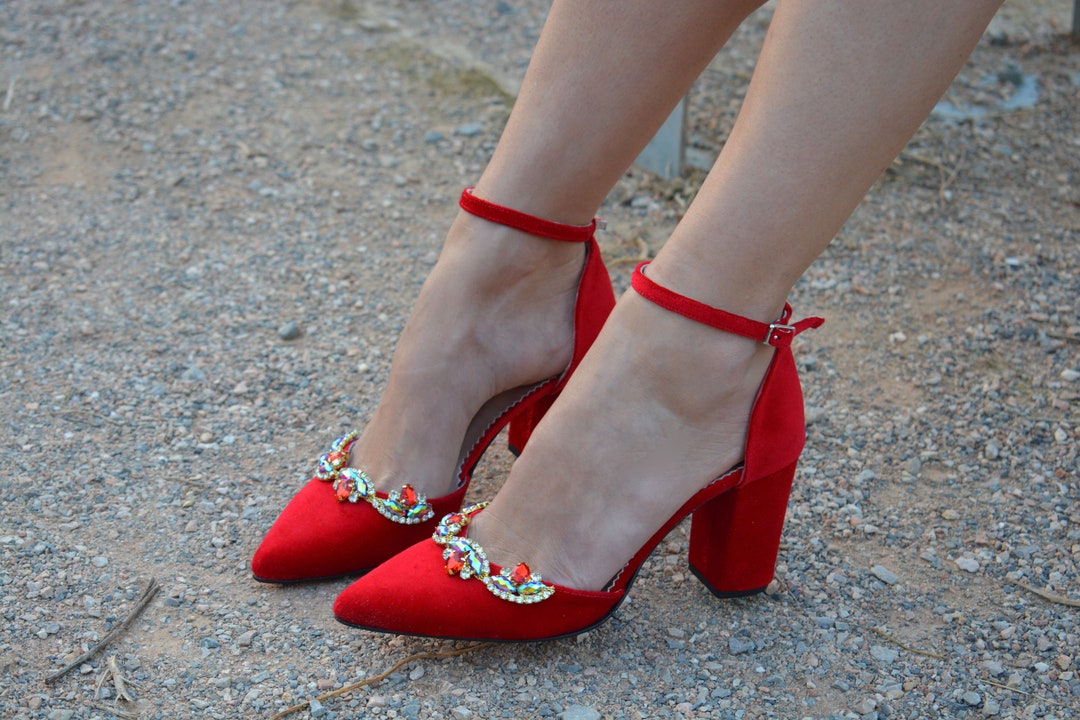 Red Velvet Block Heels, Pointy Red Heels, Red Soles, Ankle Strap Shoes ...