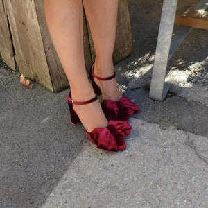 Dark Red Velvet Block Heels, Velvet Bow Heels, Burgundy Velvet Pumps ...