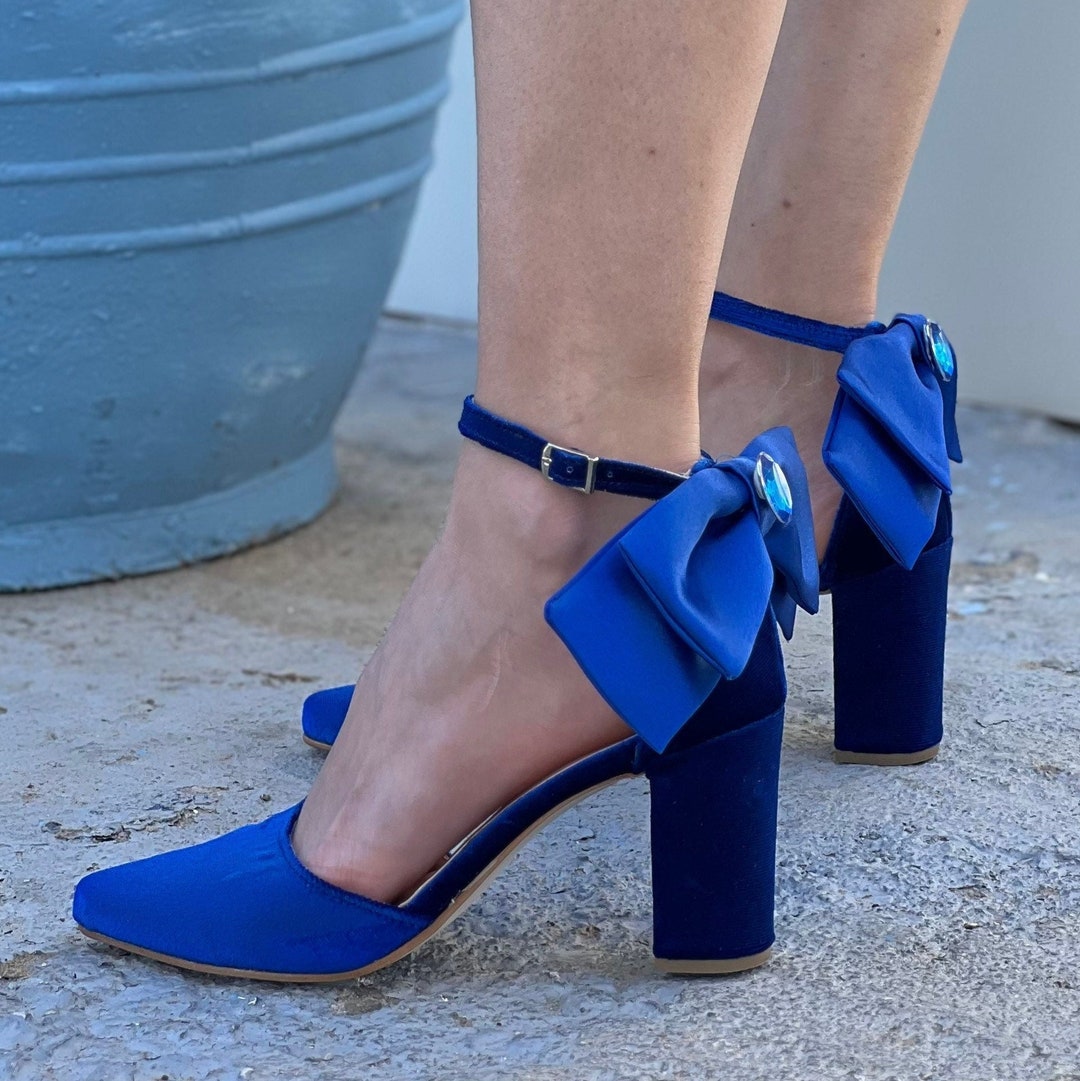 Royal Blue Velvet Block Heels, Handmade Satin Bow Heels, Royal Blue ...