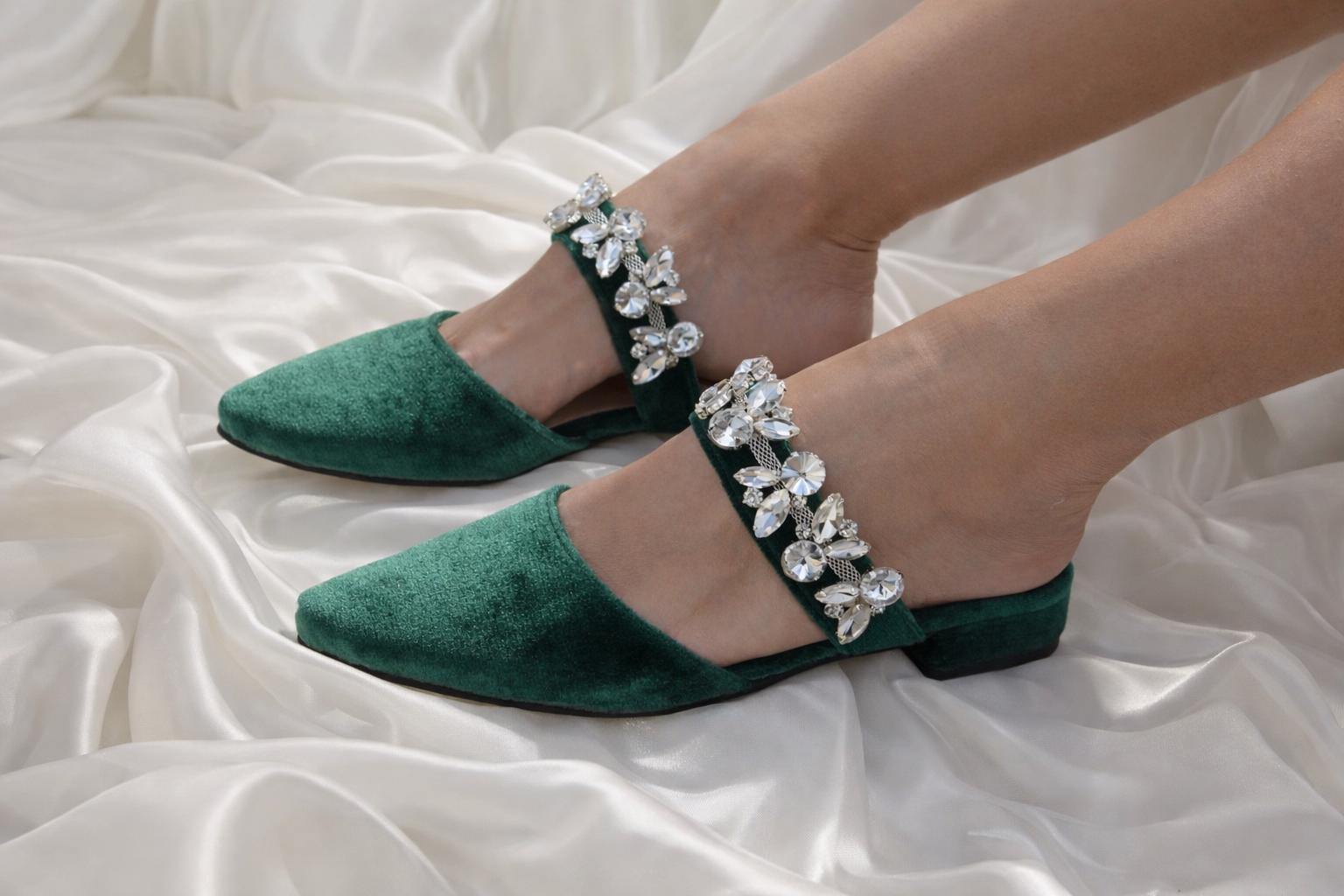 Emerald Velvet Mules, Jeweled Evening Flats, Crystal Valery - Etsy