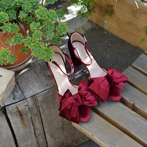 Dark Red Velvet Block Heels, Velvet Bow Heels, Burgundy Velvet Pumps ...