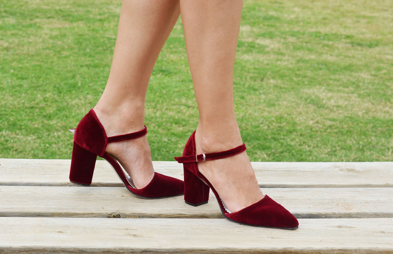 Dark Red Velvet Block Heels Red Ladies Shoes Red Heels Dark - Etsy