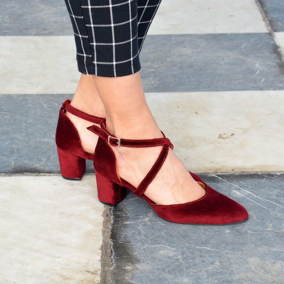Velvet Block Heels, Burgundy Wedding Shoes, Dark Red Velvet Shoes ...