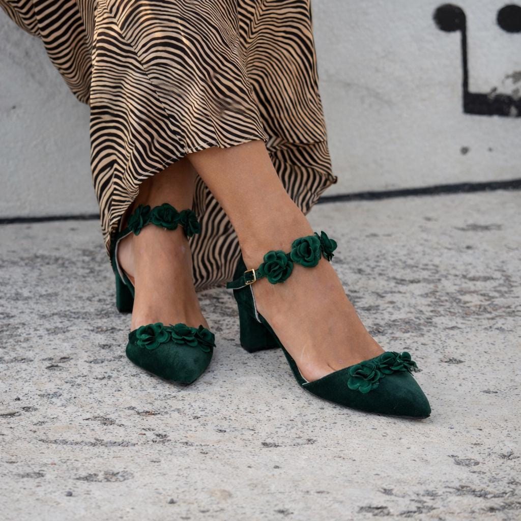 Emerald Green Velvet Block Heels: Handmade Flower Wedding Shoes - Etsy