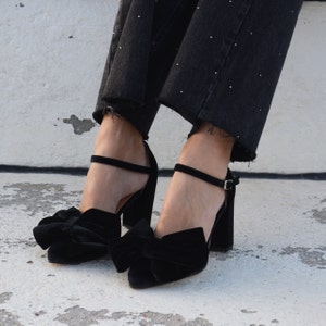 Handmade Black Velvet Bow Heels: Block Heel Wedding Pumps - Etsy