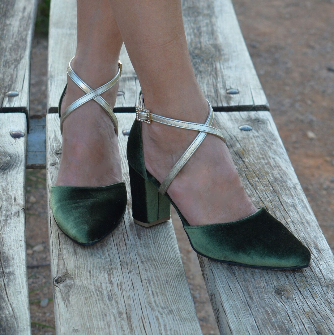 Olive Green Velvet Block Heels: Handmade Leather D'orsay Pumps US8/EU39 ...