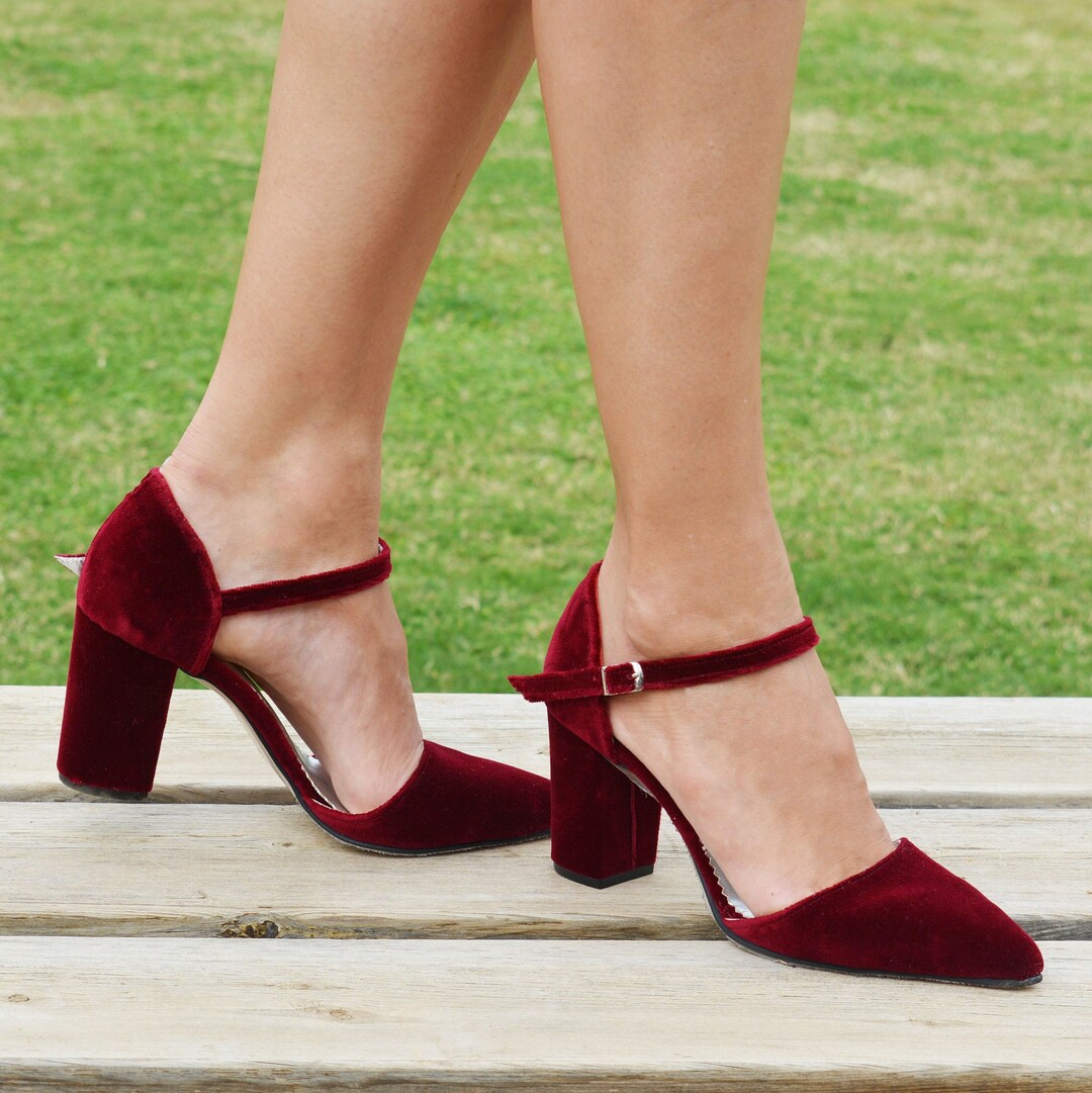 Dark Red Velvet Block Heels, Red Ladies Shoes, Red Heels, Dark Red ...