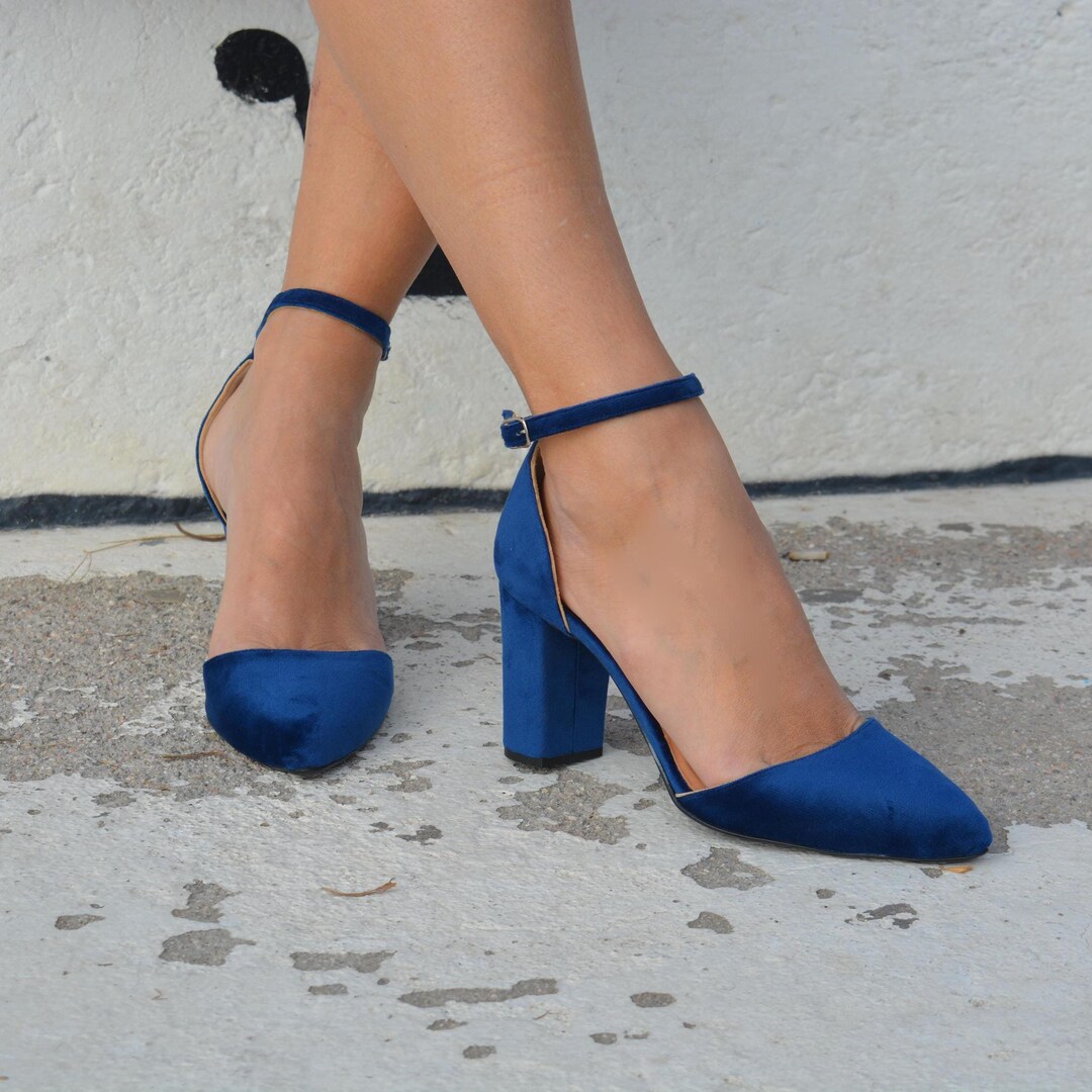 Dark Blue Velvet Block Heels, Blue Velvet Heels, Blue Velvet Pumps ...
