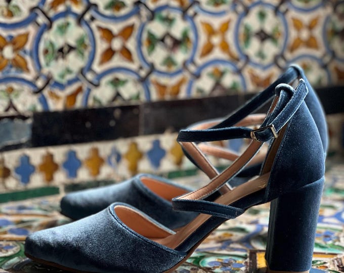 SAMPLE SALES Blue Velvet Block Heels, Blue Velvet Pumps, Blue Wedding ...