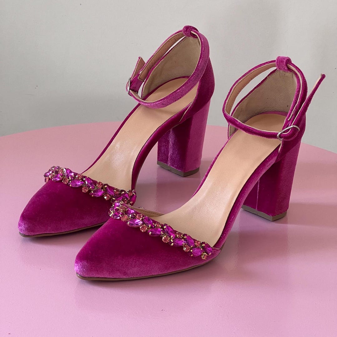 Fuchsia Velvet Block Heels: Crystal Embellished Bridal Shoes - Etsy
