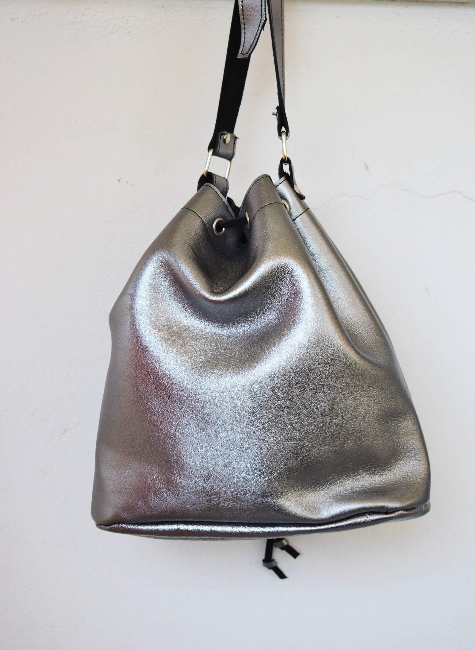 LUNA Metallic Grey Bucket Bag, Large Bucket Bag, Charcoal Grey Bucket ...