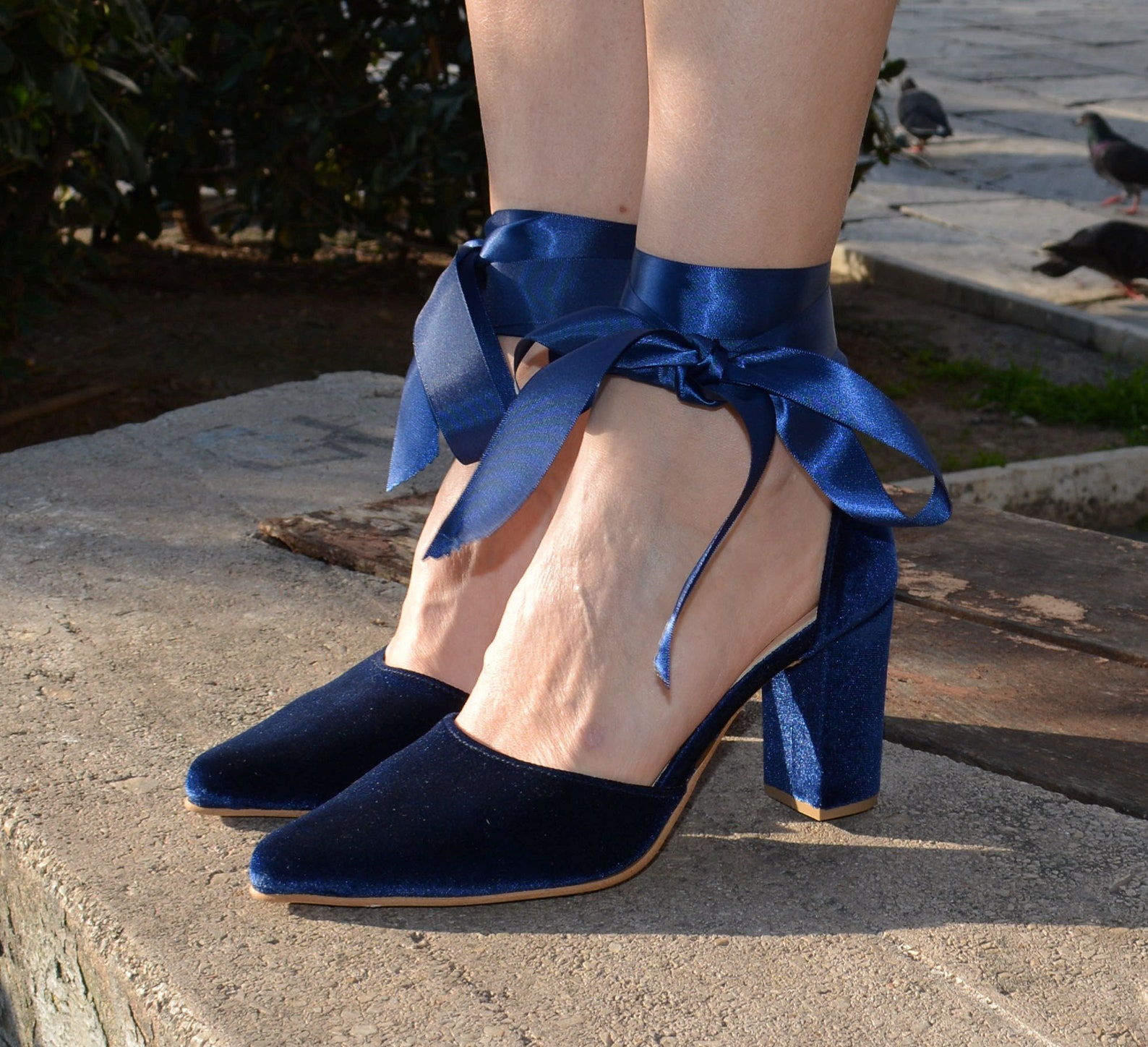 Dark Blue Velvet Block Heels Satin Laces Heels Navy Blue - Etsy