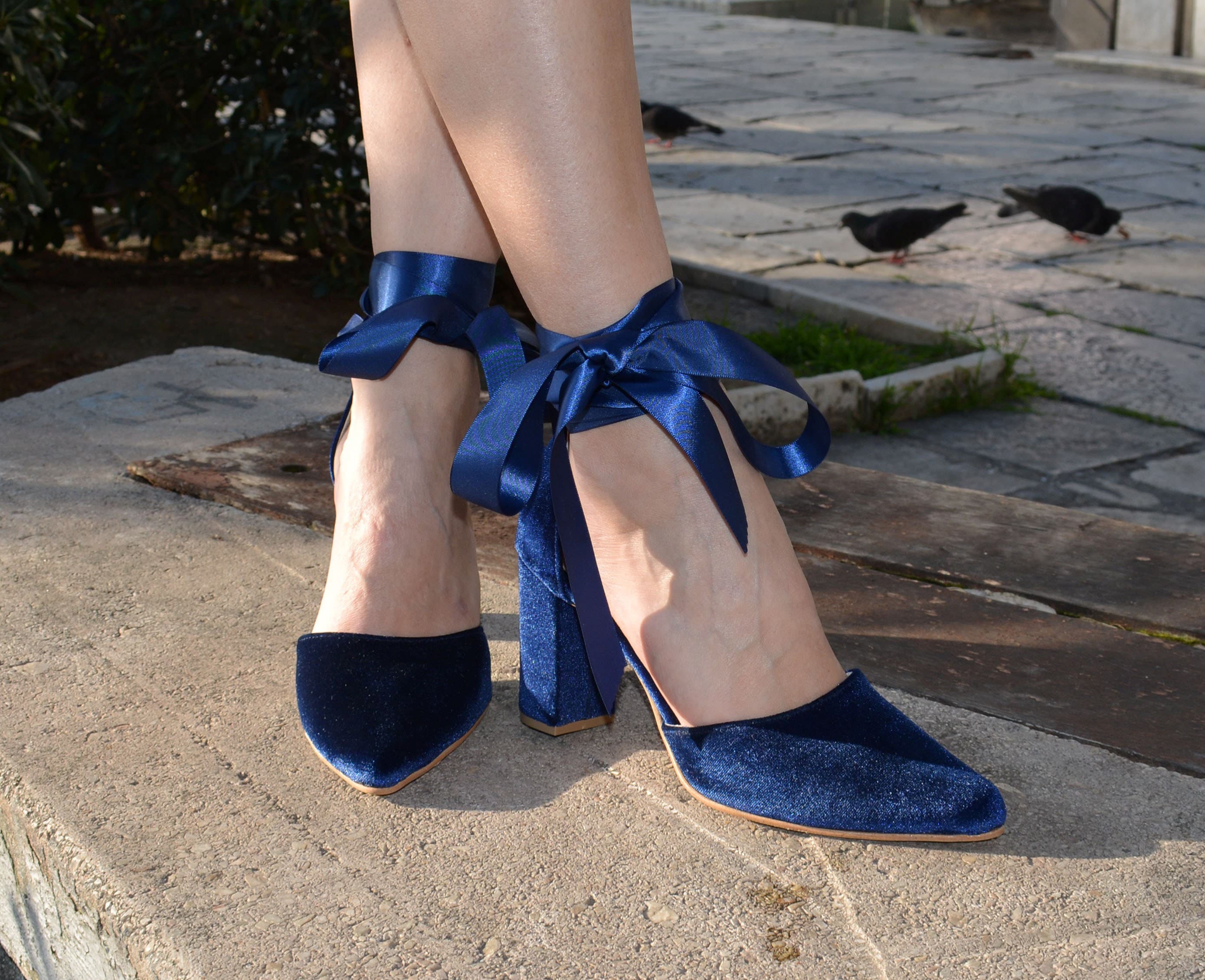 Dark Blue Velvet Block Heels Satin Laces Heels Navy Blue - Etsy