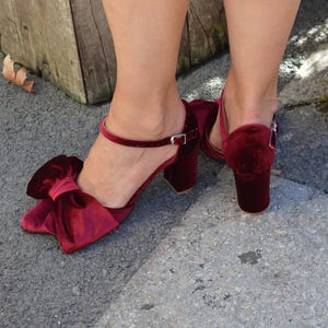 Dark Red Velvet Block Heels, Velvet Bow Heels, Burgundy Velvet Pumps ...