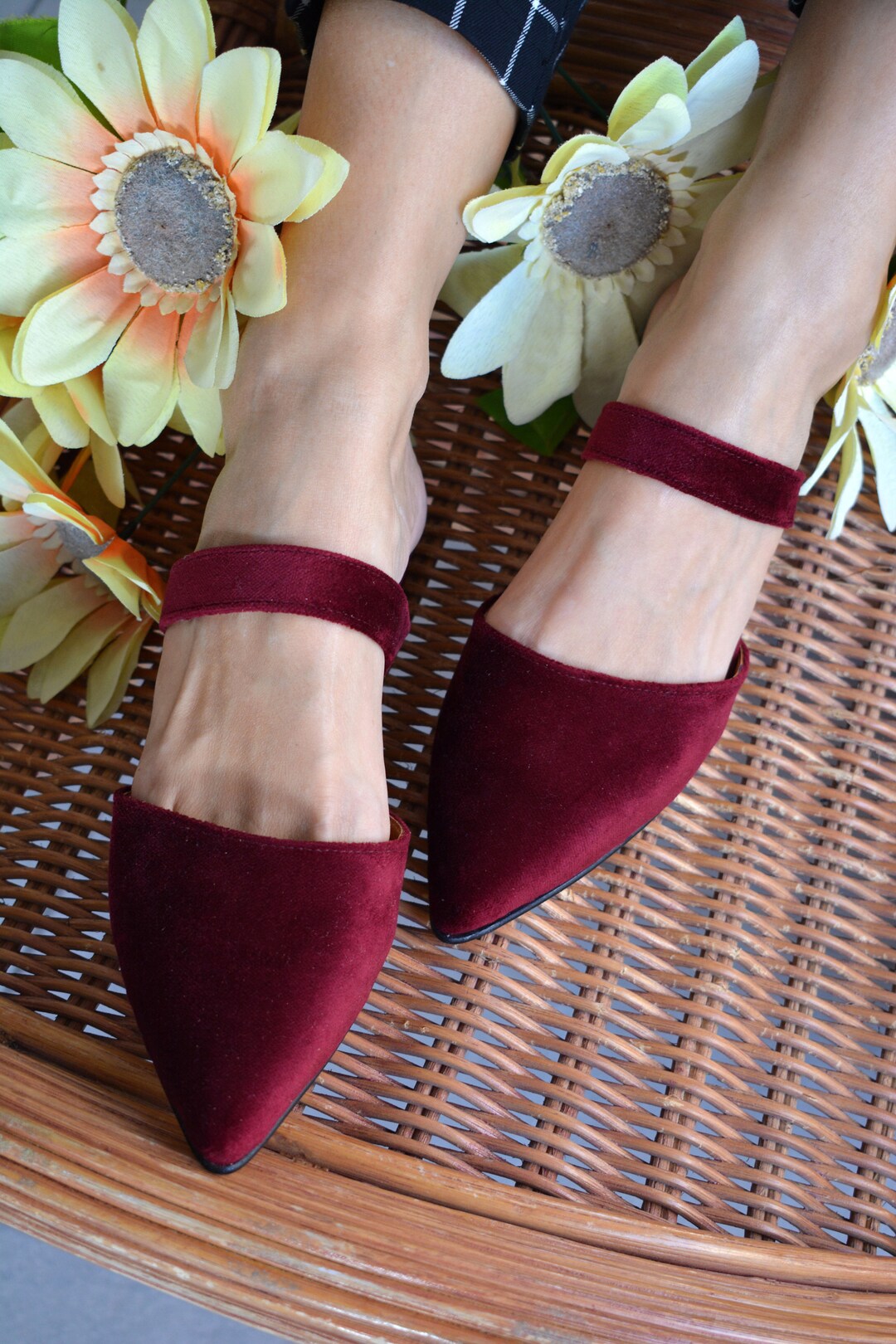 Red Velvet Mules, Mules Shoes, Women's Leather Mules, Velvet Shoes ...