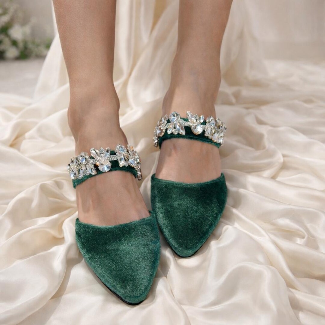 Emerald Velvet Mules, Jeweled Evening Flats, Crystal Valery - Etsy