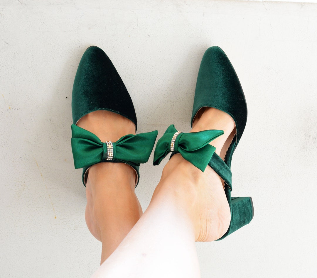 Emerald Green Mules, Velvet Block Heel Mules, Satin Bow Heels, Dark ...