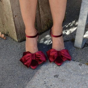 Dark Red Velvet Block Heels, Velvet Bow Heels, Burgundy Velvet Pumps ...