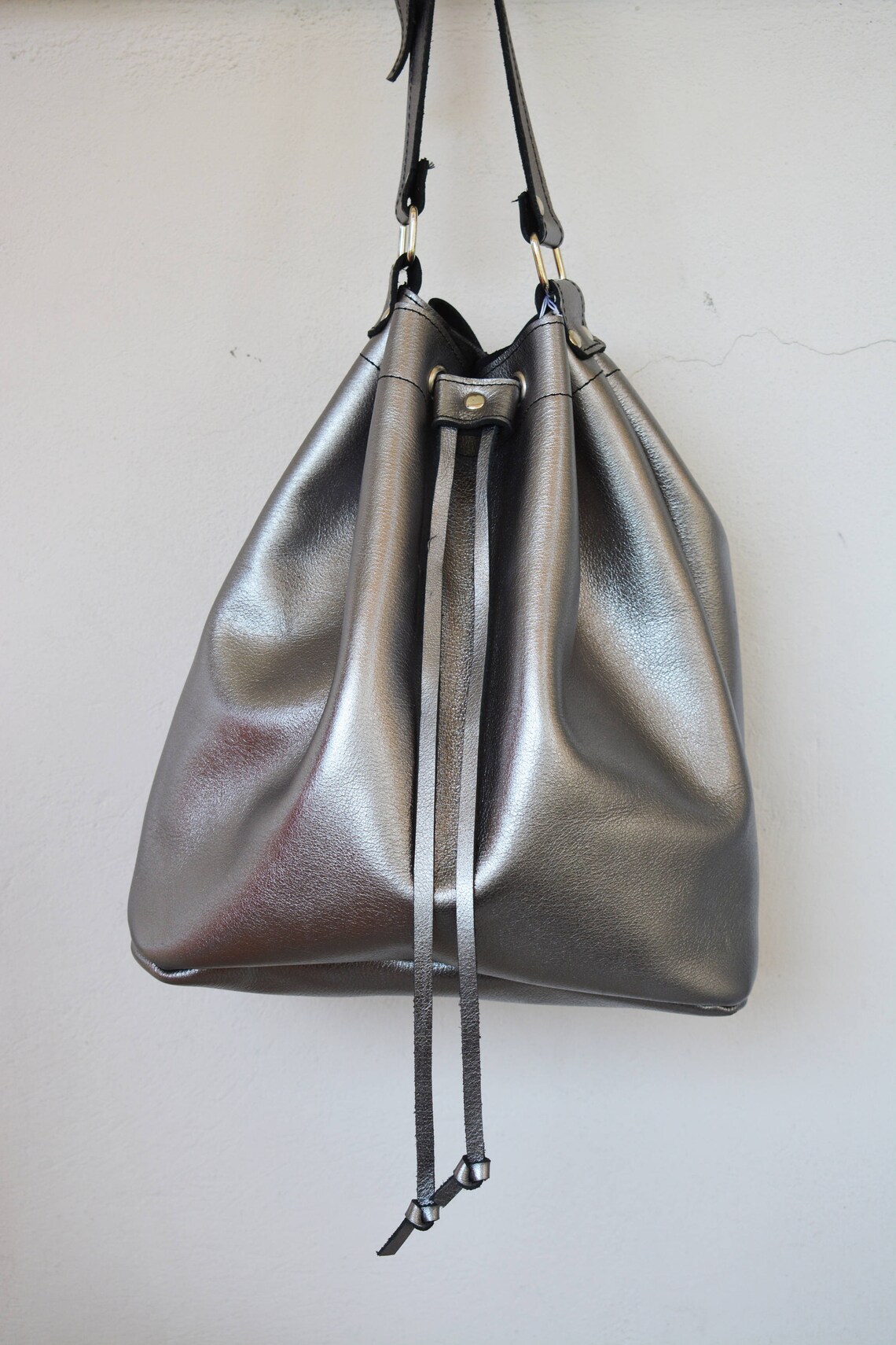 LUNA Metallic Grey Bucket Bag Large Bucket Bag Charcoal Grey | Etsy