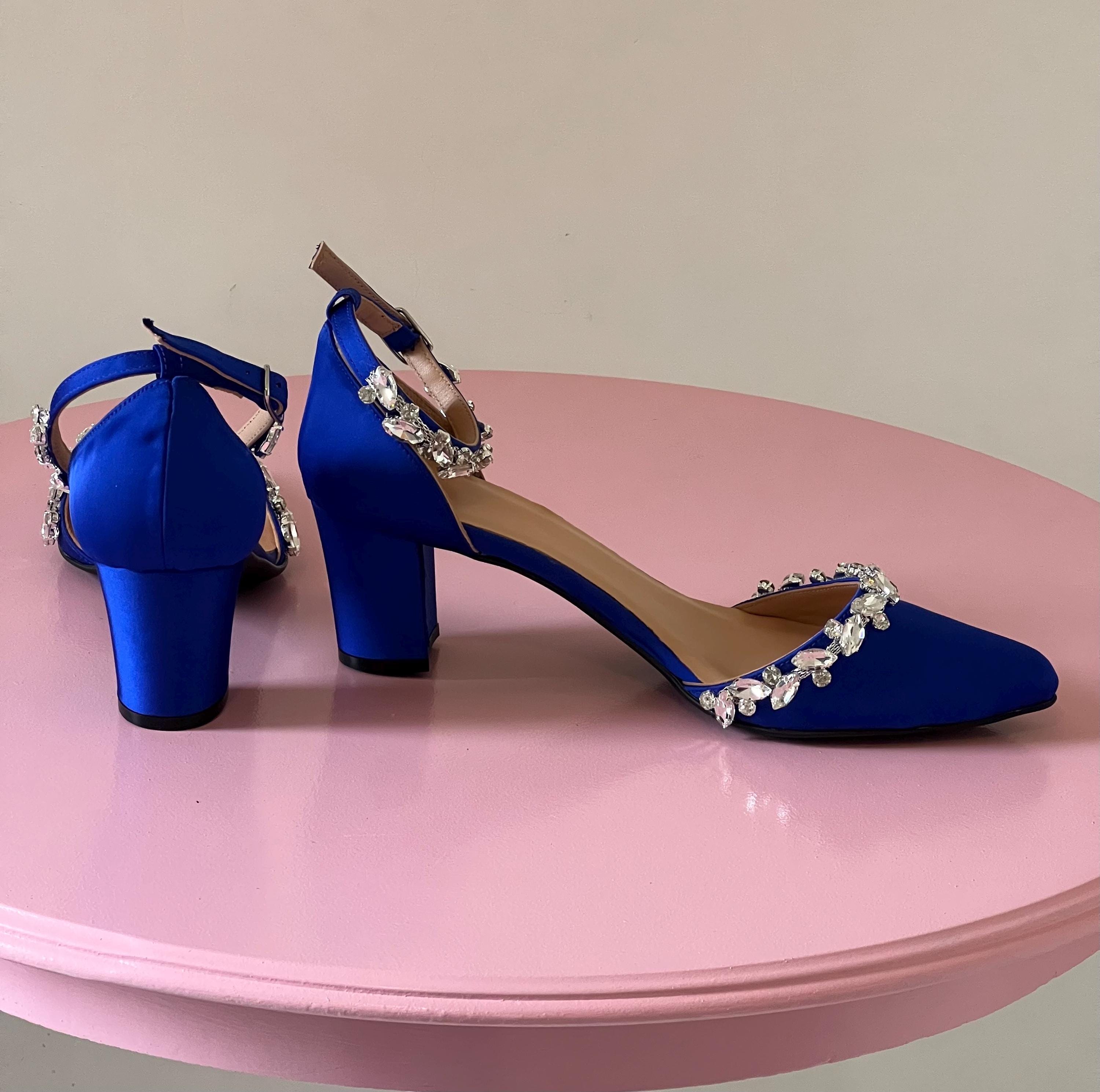 Royal Blue Satin Crystal Block Heels: Bridal Wedding Shoes - Etsy