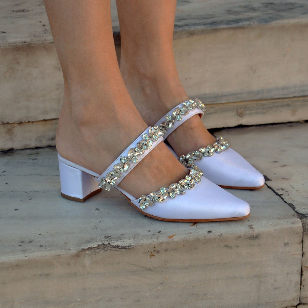 EU38/US7 White Satin Jeweled Wedding Shoes / Block Heel Wedding Shoes ...