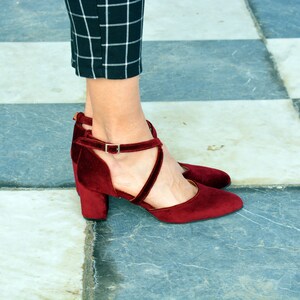 Velvet Block Heels, Burgundy Wedding Shoes, Dark Red Velvet Shoes ...