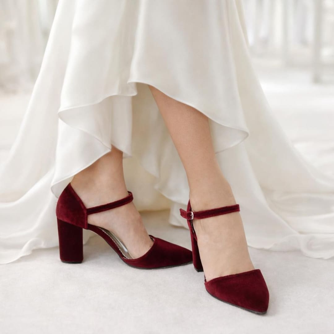 Handmade Dark Red Velvet Block Heels: Ankle Strap Leather Pumps - Etsy