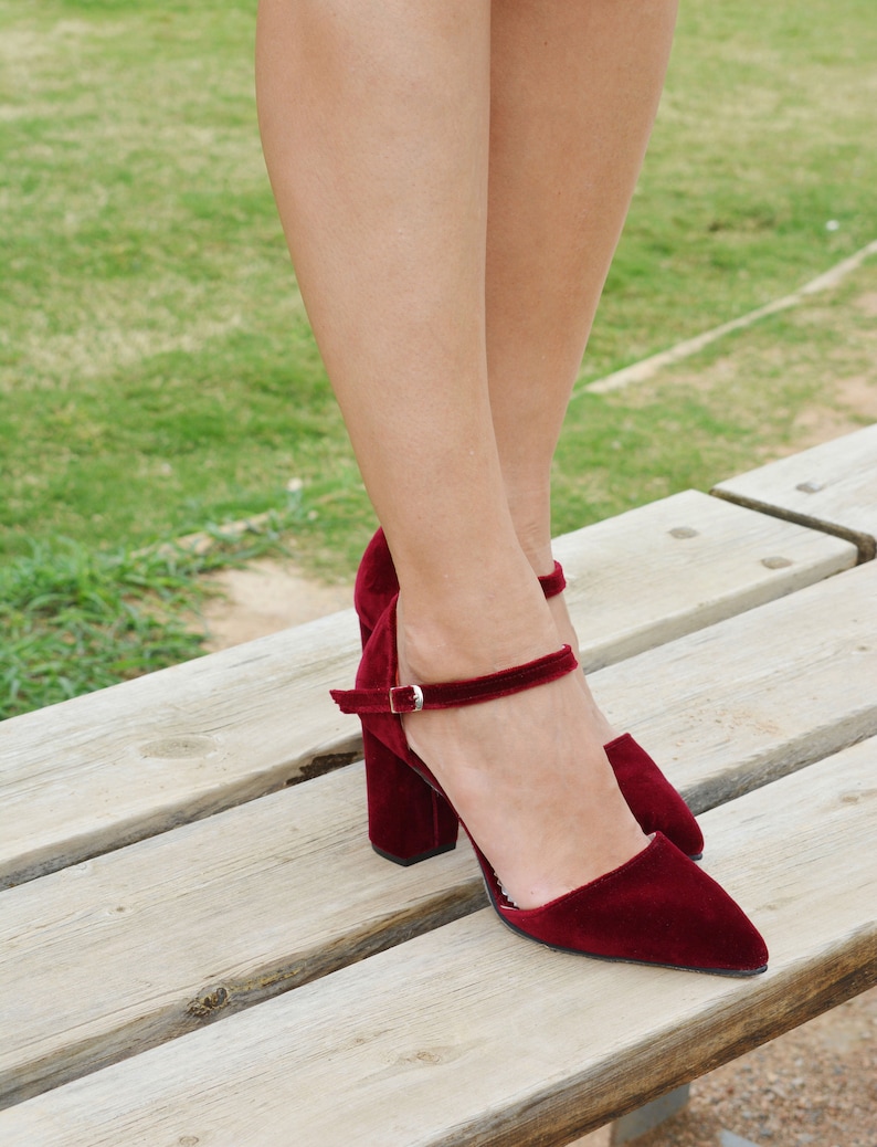 Dark Red Velvet Block Heels Red Ladies Shoes Red Heels Dark - Etsy