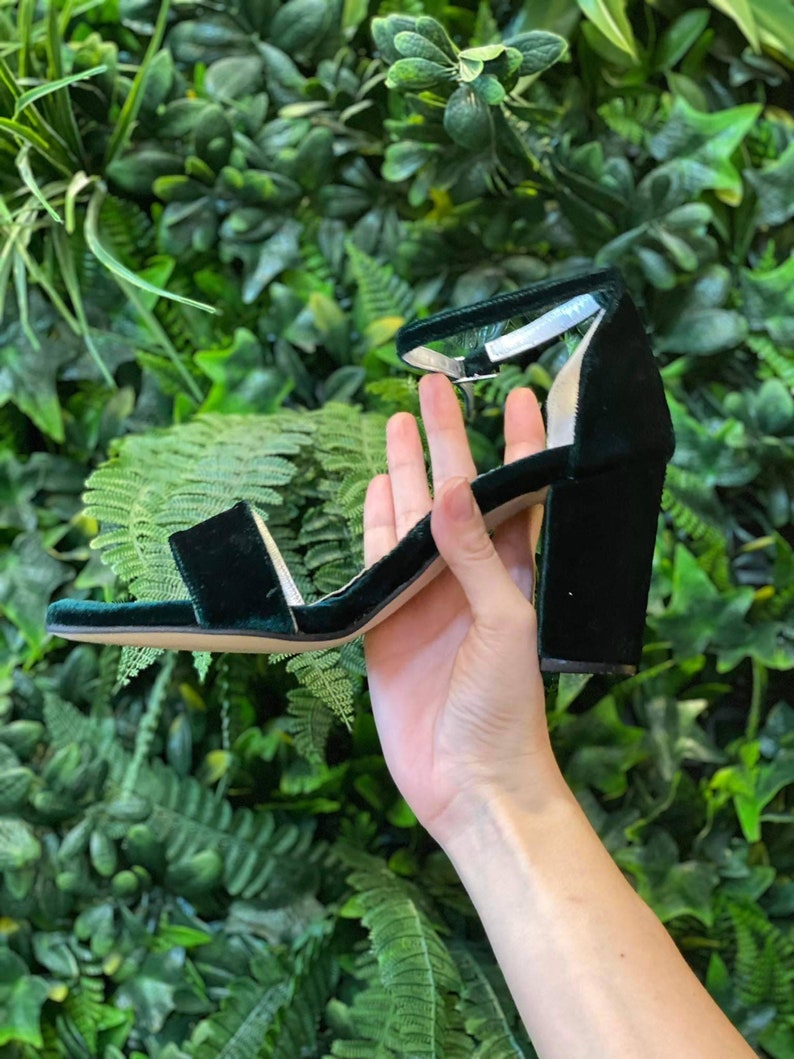 Dark Green Velvet Block Heels Green Wedding Sandals Forest | Etsy