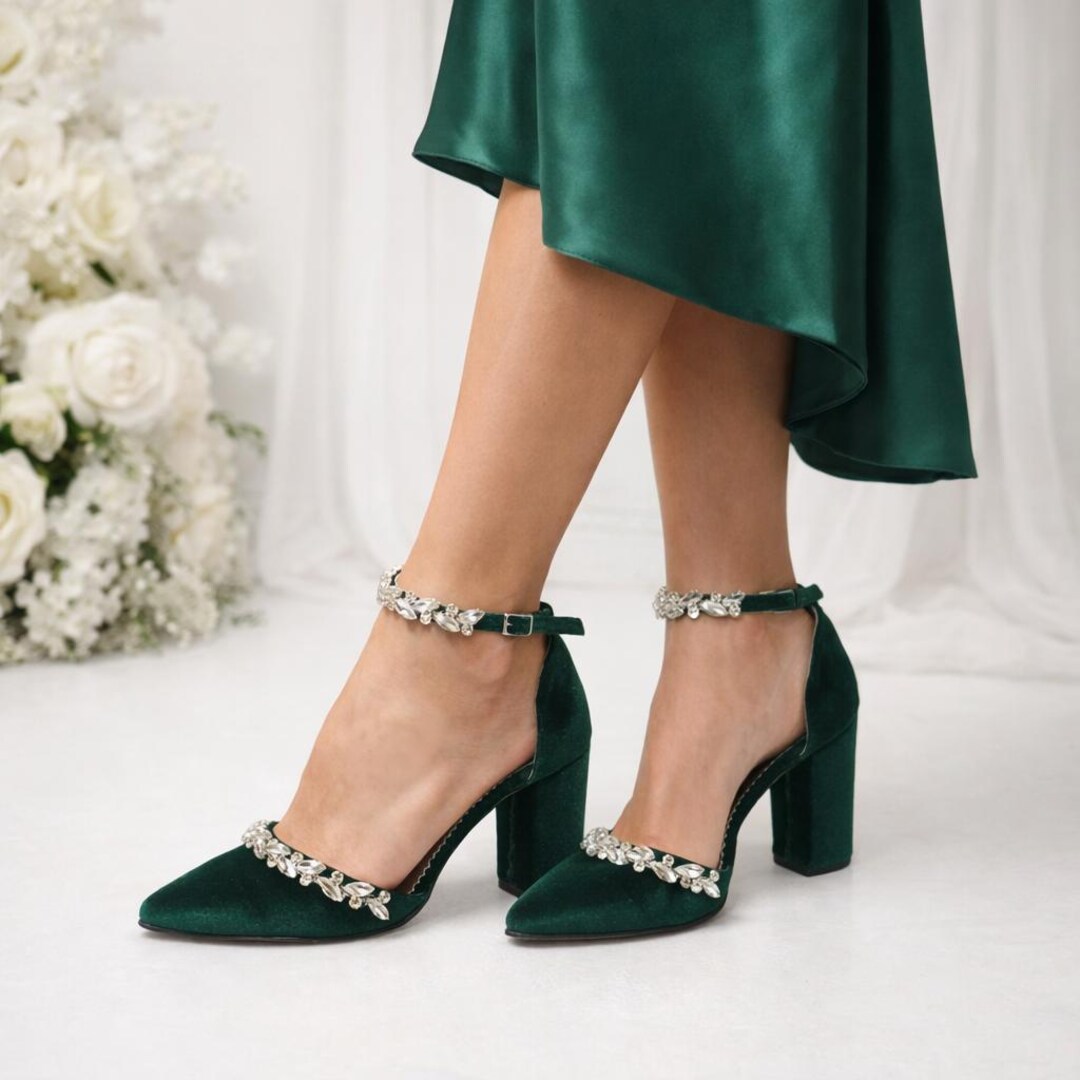 Emerald Green Velvet Block Heels: Crystal Wedding Pumps - Etsy