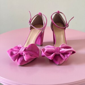 Rose Pink Velvet Bow Heels: Handmade Leather Wedding Pumps - Etsy UK