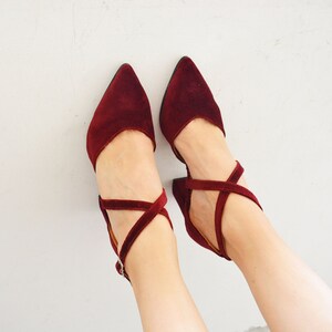Dark Red Velvet Block Heels, Burgundy Velvet Pumps, Red Wedding Shoes ...