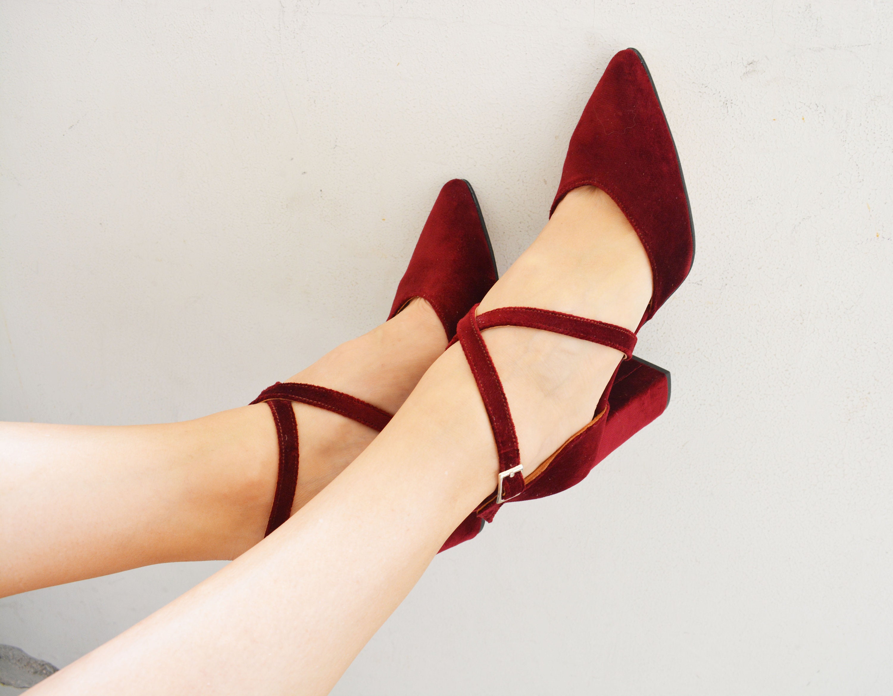 Dark Red Velvet Block Heels Burgundy Velvet Pumps Red - Etsy