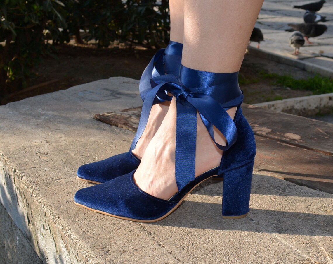 Dark Blue Velvet Block Heels Satin Laces Heels Navy Blue - Etsy